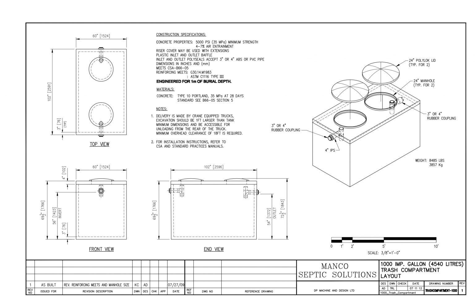 Concrete 1000 Imperial Gallon Single Chamber Septic Tank Manco Septic