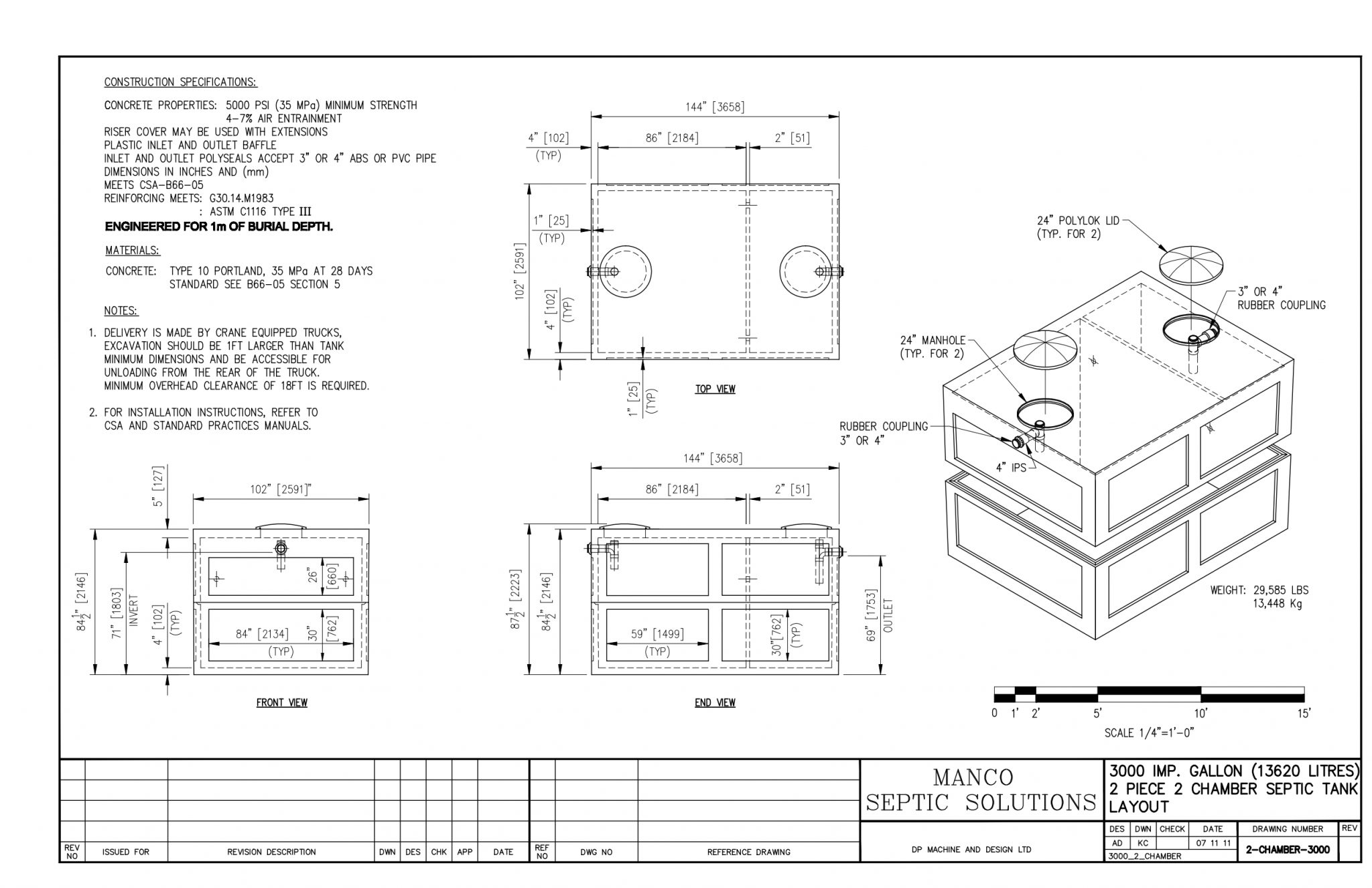 Concrete 3000 Imperial Gallon 2 Chamber Septic Tank Manco Septic