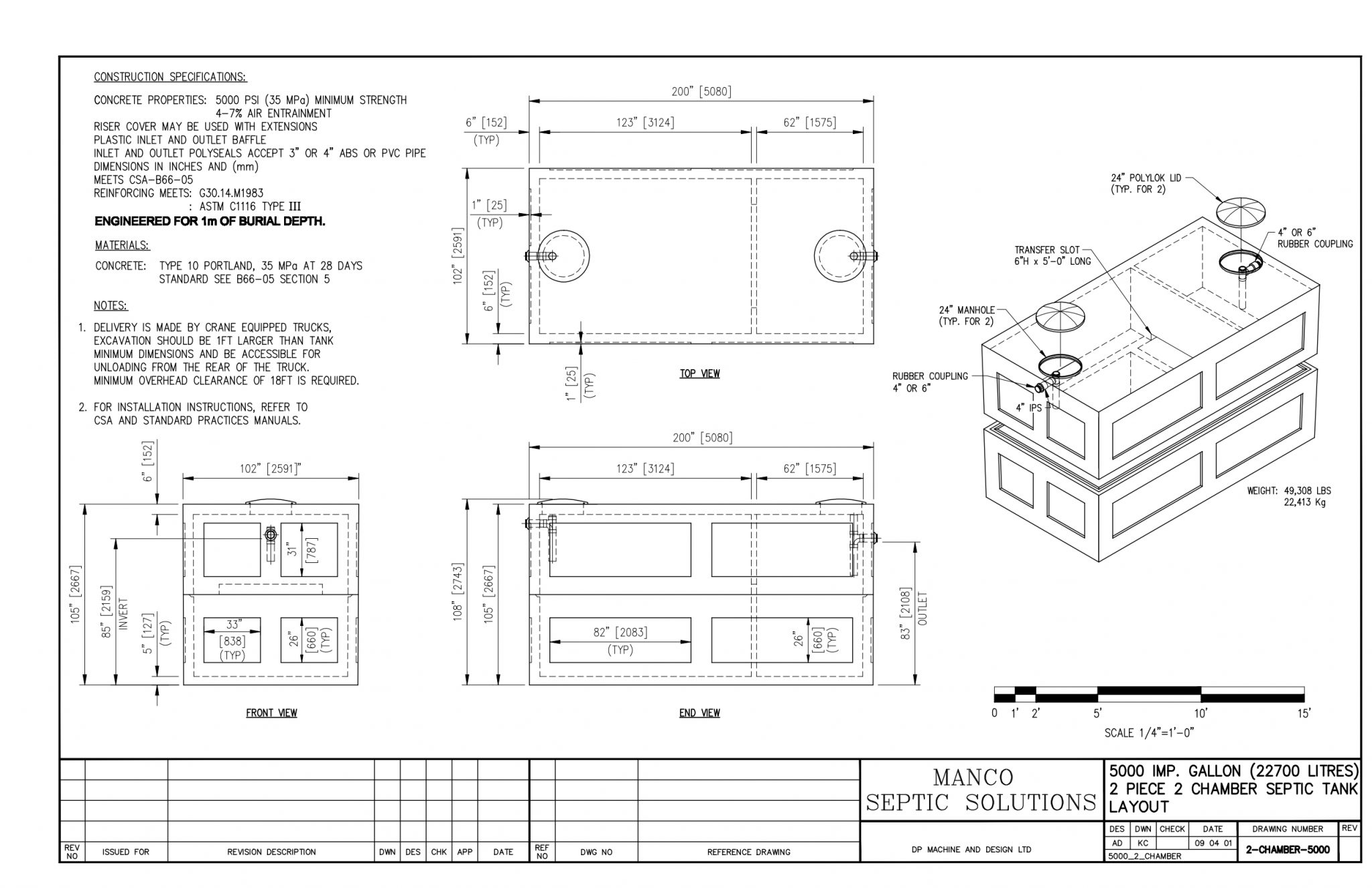 Concrete 5000 Imperial Gallon 2 Chamber Septic Tank Manco Septic